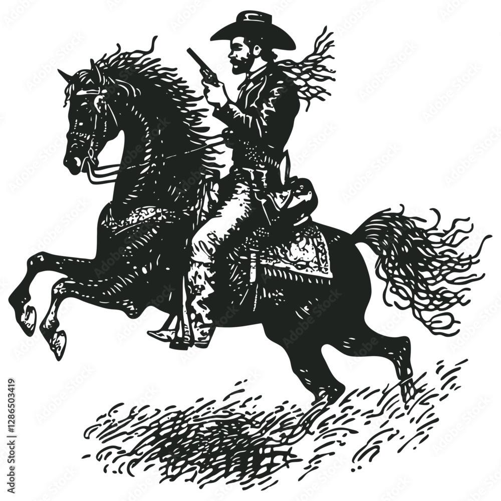 Vector illustration of a cowboy riding a horse and firing a gun ...
