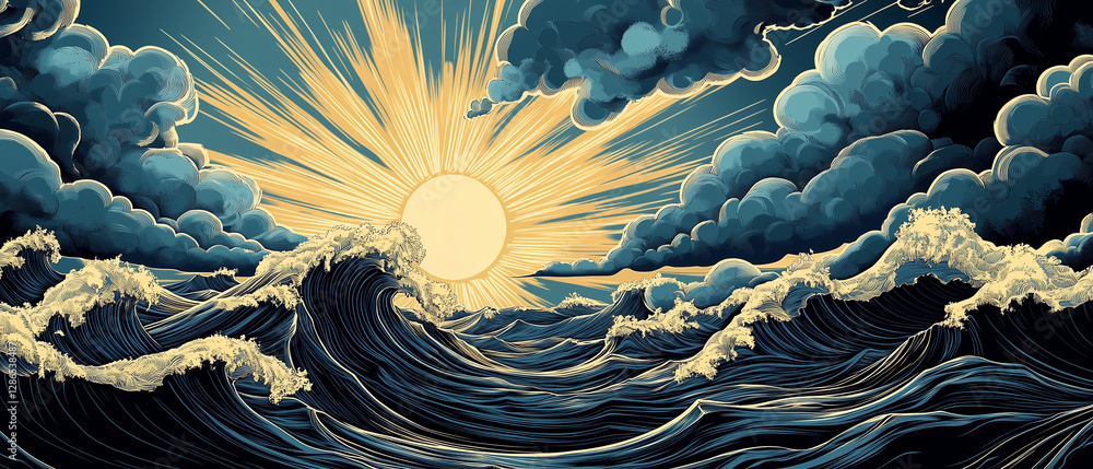Dramatic Ocean Wave Engraving - Swirling Foam Black and White ...