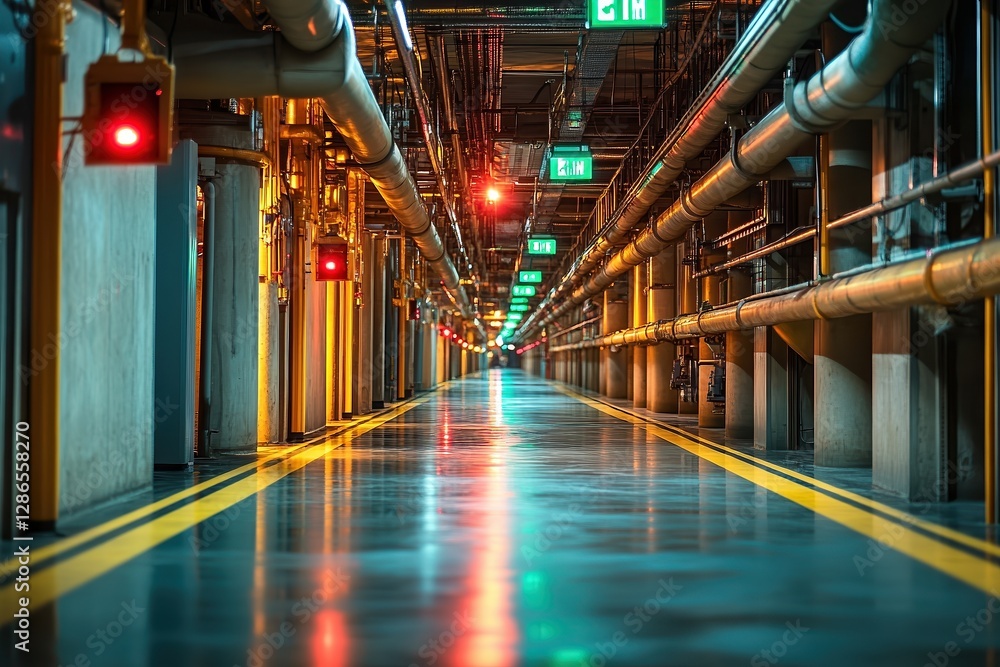 Long industrial corridor with overhead pipes, green emergency exit ...