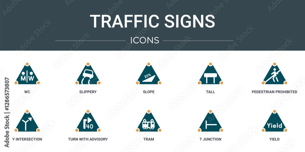 set of 10 outline web traffic signs icons such as wc, slippery, slope ...