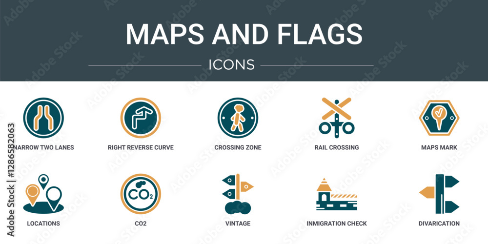 set of 10 outline web maps and flags icons such as narrow two lanes, right reverse curve ...