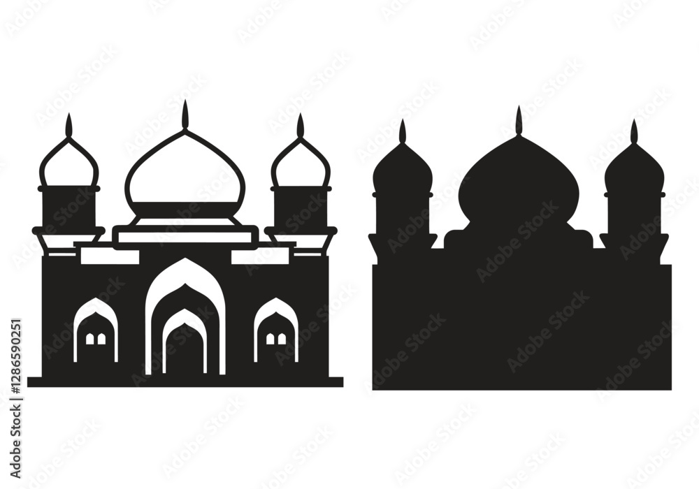 Islamic Mosque Icon Set – Minimalist Black and White Vector Silhouettes ...
