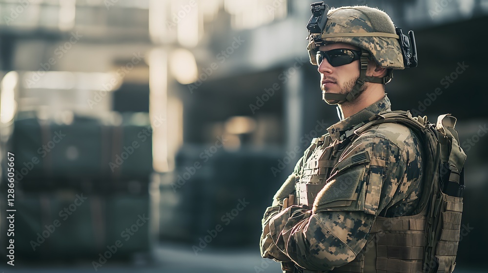 49. A soldier standing on guard in a military base, wearing full ...