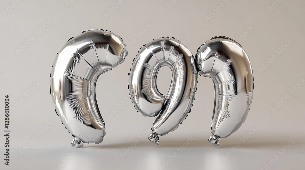 3d silver balloon number font, realistic isolated vector set. Steel ...