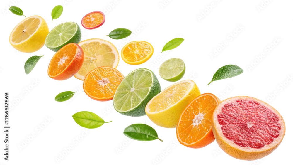 Citrus Fruits Composition Falling Slices and Leaves Isolated on ...