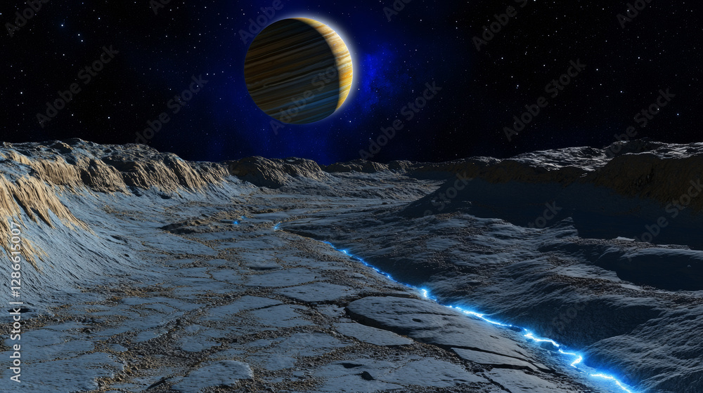 Space background with landscape of alien planet with craters and ...