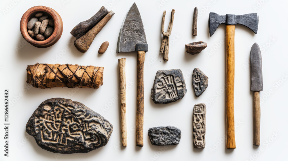 Prehistoric objects set animal skin, clay pot and bowl, amulets with ...