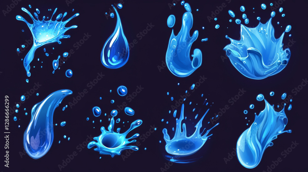 Water splash, vfx game cartoon video effects set. 2d liquid drops ...
