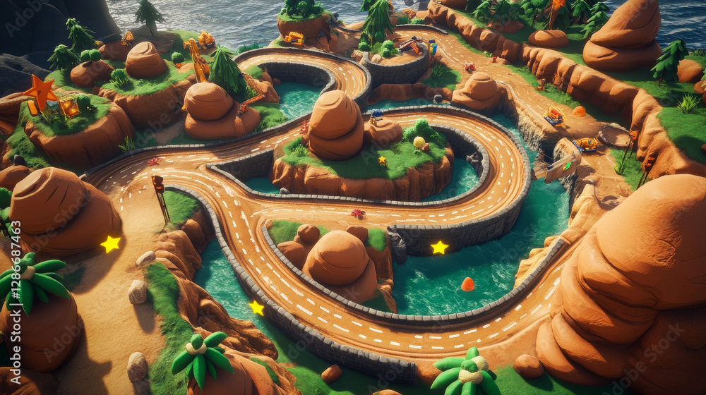 Game level indicator to select on map ui interface cartoon design. Isometric green lawn with ...