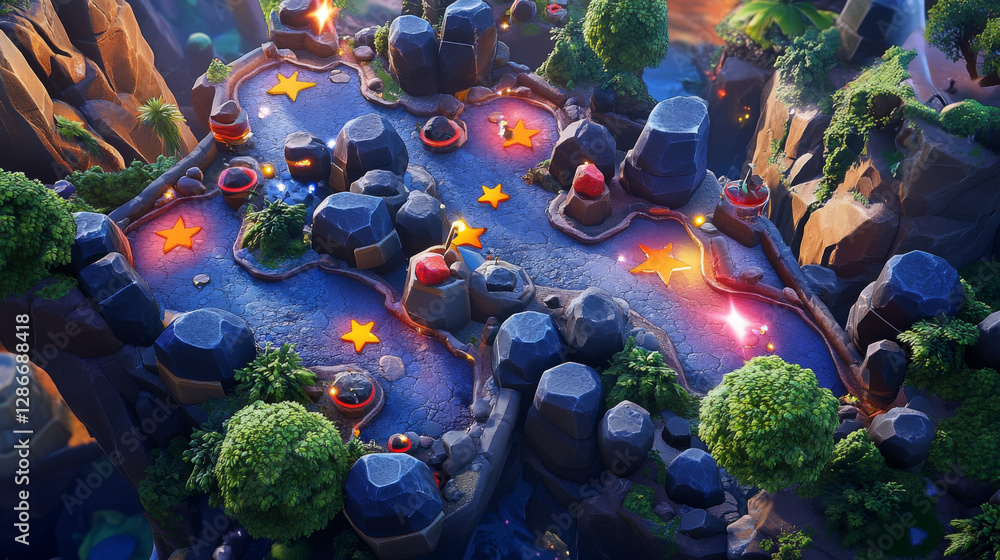 Game level indicator to select on map ui interface cartoon design. Isometric green lawn with ...