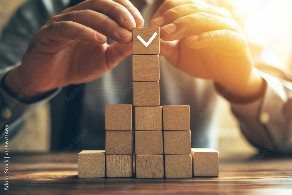 Building corporate governance structure. Businessman stacking wooden ...