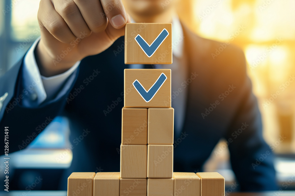 Building corporate governance structure. Businessman stacking wooden ...