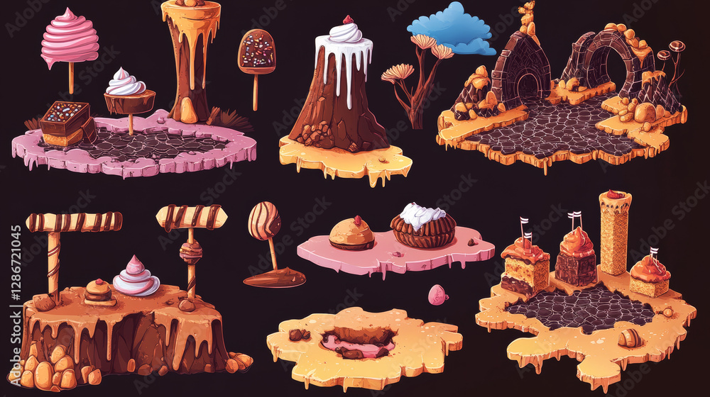 Candy land game ui design elements - fantasy fairytale ground island ...