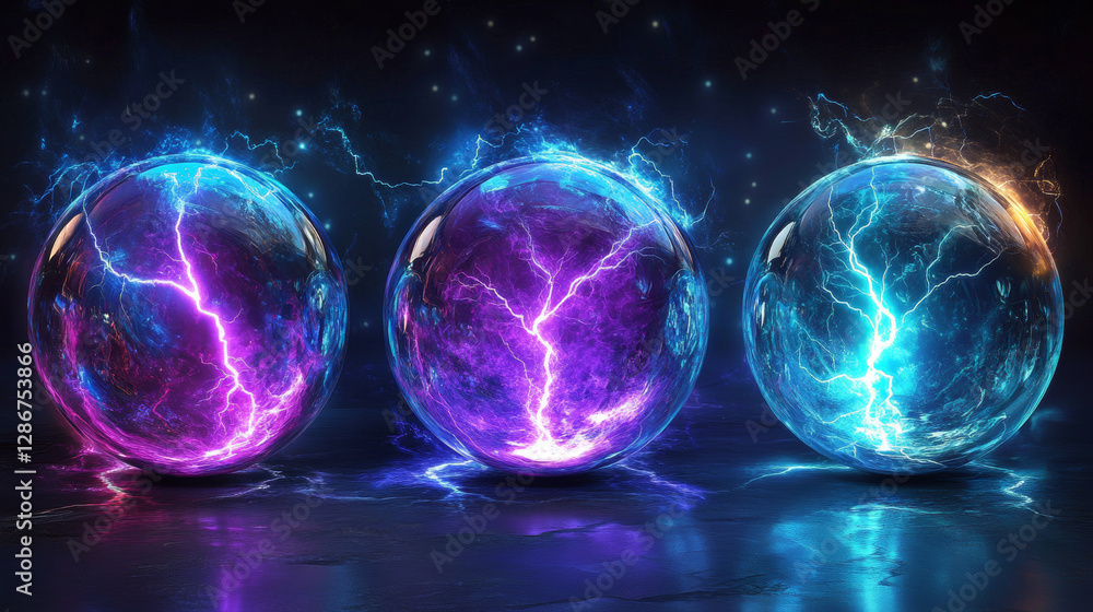 Blue and purple magic glowing balls with light effect. Realistic 3d ...