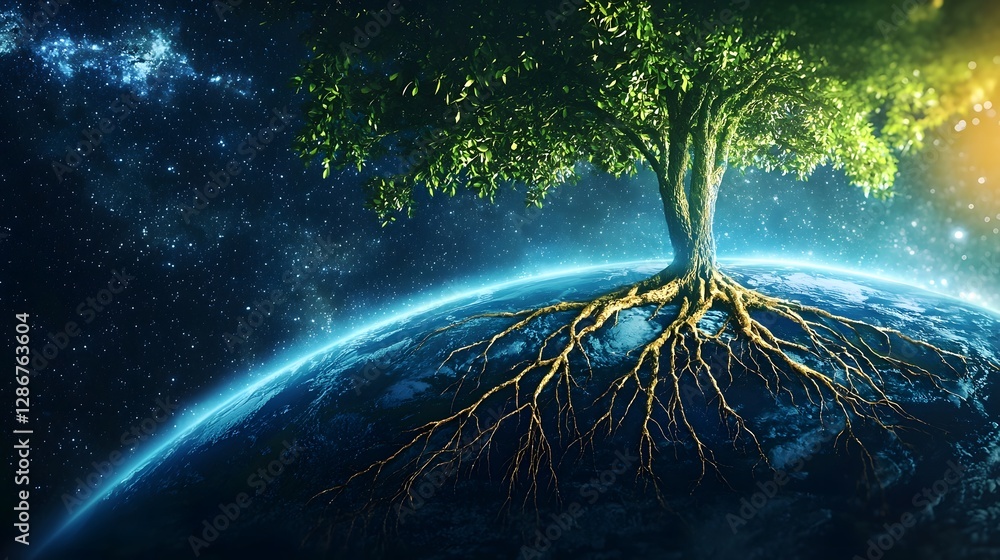 Detailed view of the Earth with tree roots extending into the vast ...