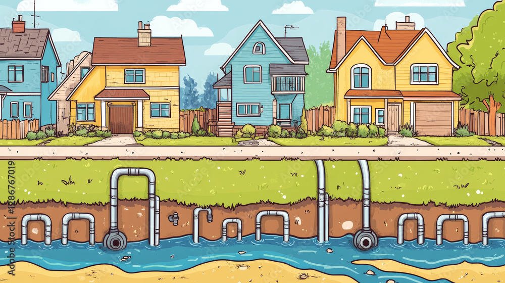 Suburb houses and underground pipeline. Sewer and plumbing system under ...