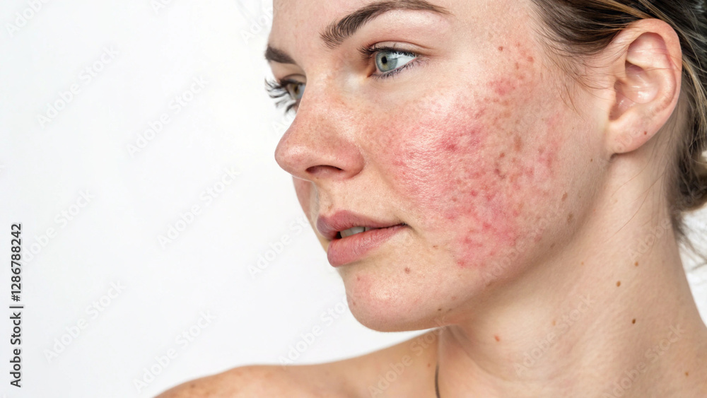 Rosacea and Acne, Young Woman's Face Skin Affected by Red Rash ...