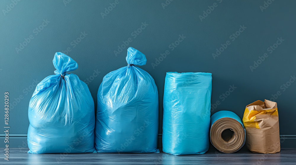 Trash bag mockup, plastic roll and sack full of garbage. Blue ...