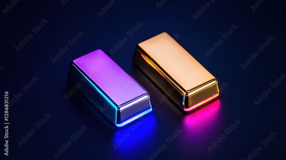 Glowing Silver and Gold Bars. Silver and gold bars glowing softly in a ...