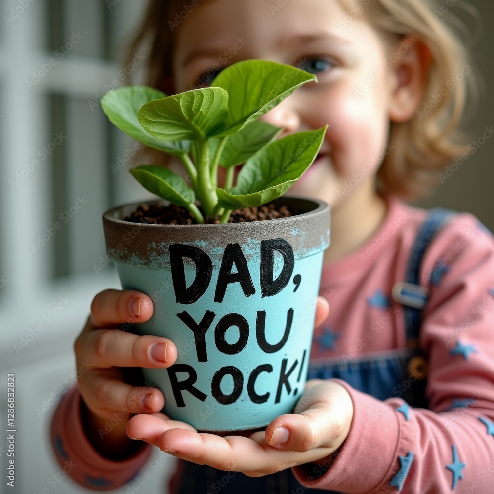 young girl holding small potted plant her hands pot light blue color ...