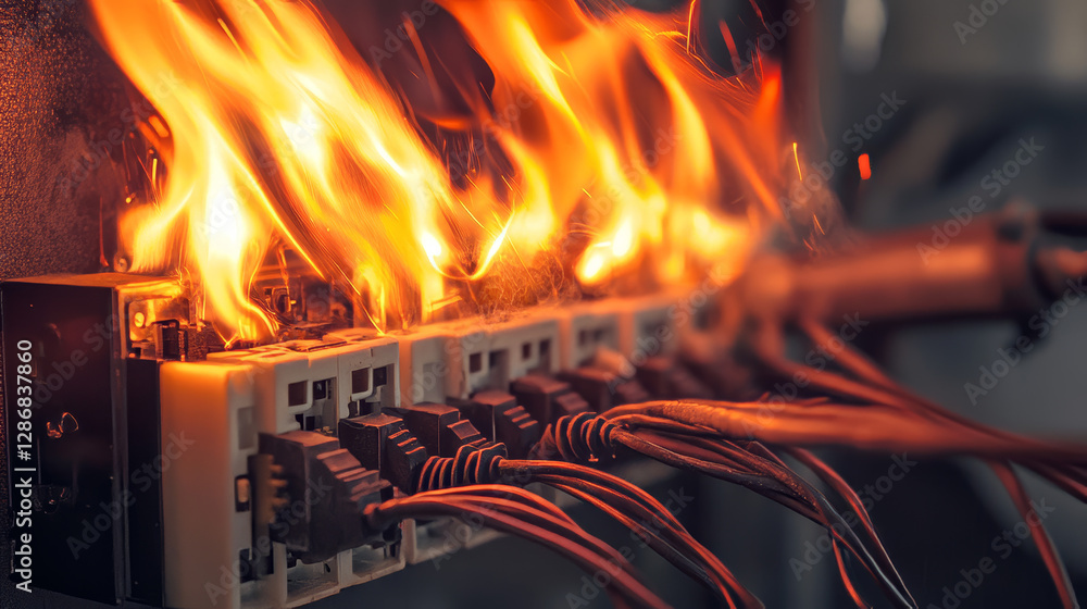 Fuse box in fire, short circuit and overload in electrical panel ...