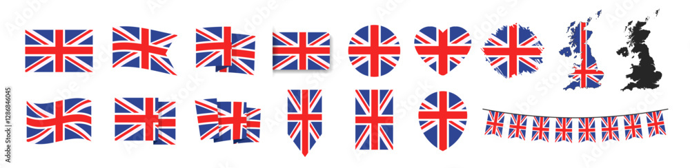 Official Great Britain flag set. Map set of icons and different shapes ...
