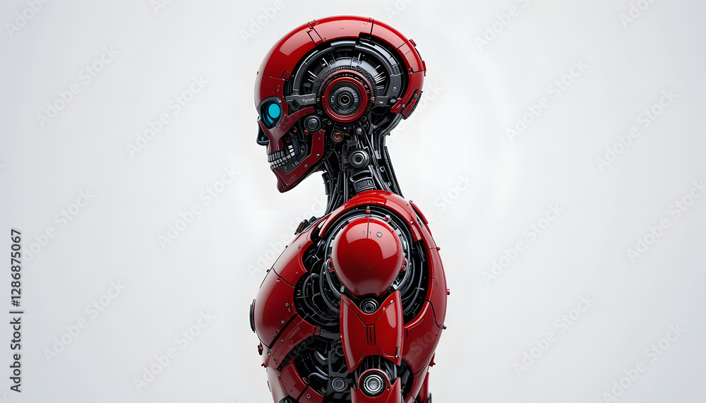 Very detailed futuristic robot man or red humanoid cyborg with metallic ...