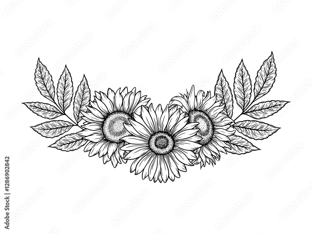 Vector sunflowers border illustration, line art floral composition ...