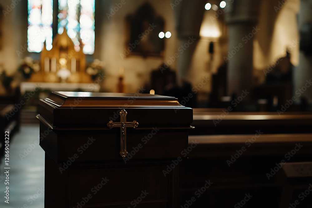 Solemn funeral setting: Casket with cross in church with pews and altar ...