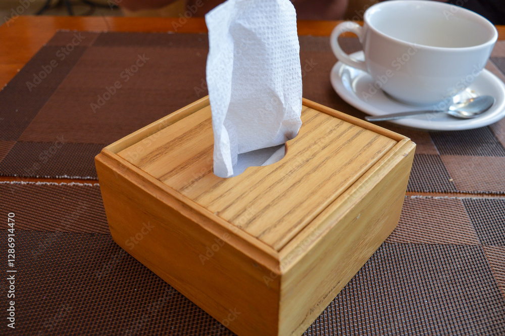 hand holding a wooden tissue box with a white tissue protruding from ...