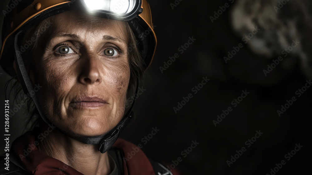 A determined female cave explorer with a helmet and headlamp stands in ...