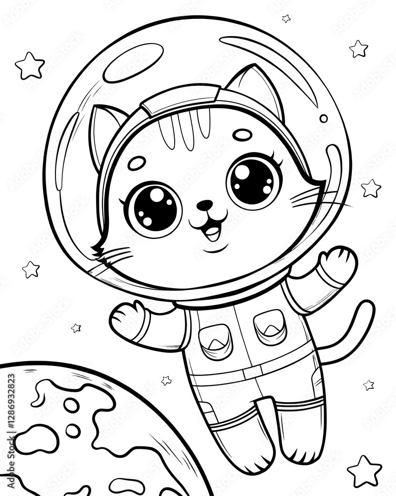 Cartoon Cat Astronaut in Space, Black and White Coloring Page for Kids ...