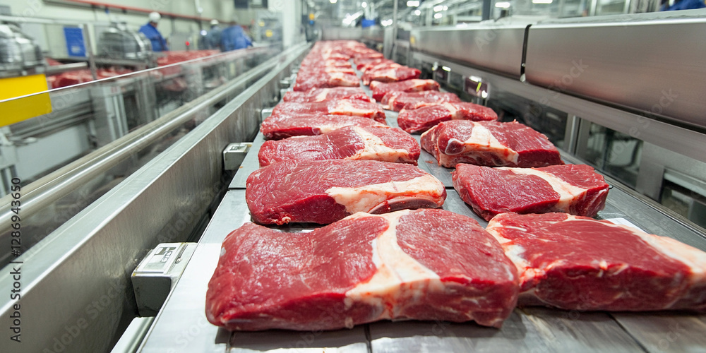 Automated beef processing line in meatpacking facility. Generative AI ...