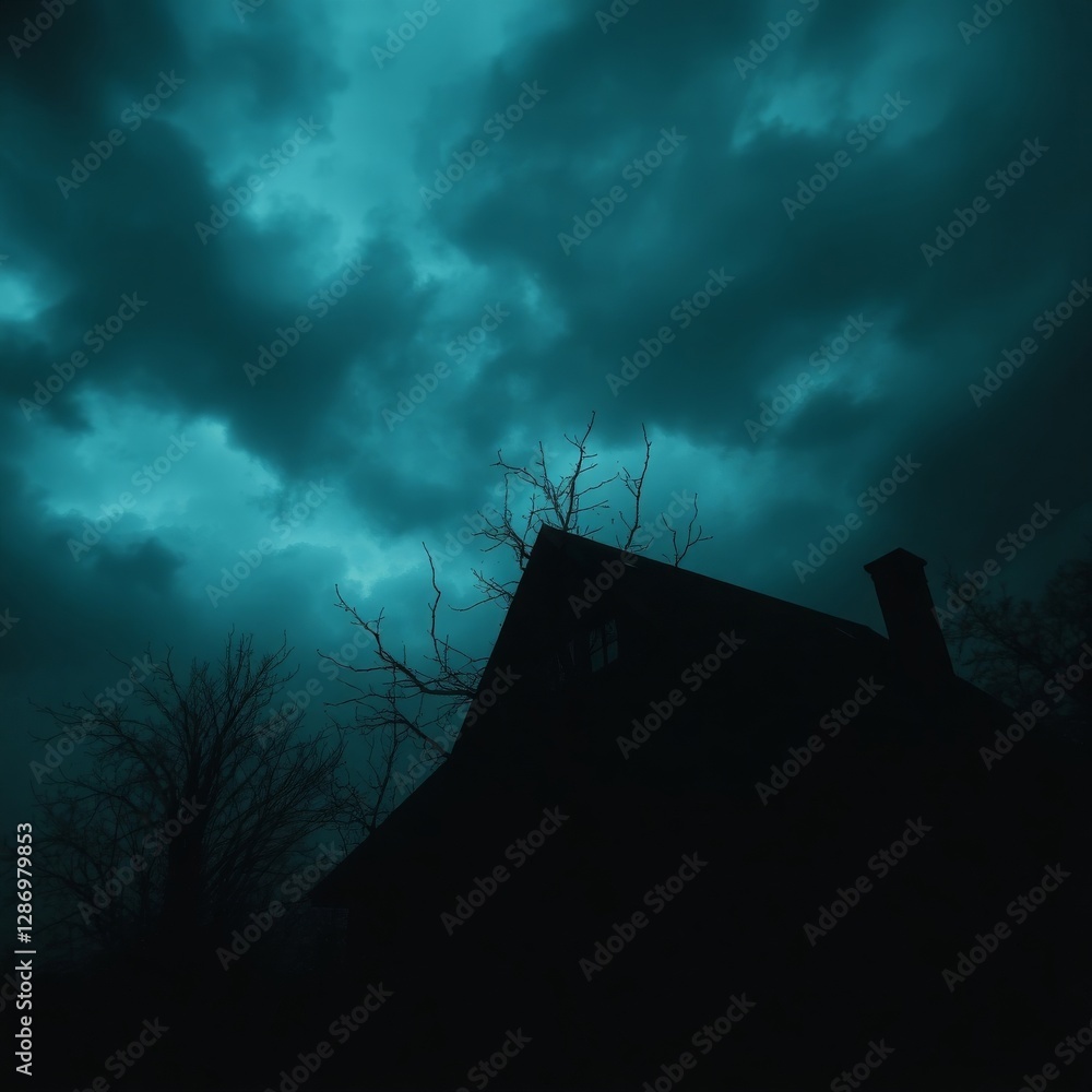 Generative AI Spooky House Silhouette Against Stormy Sky house ...