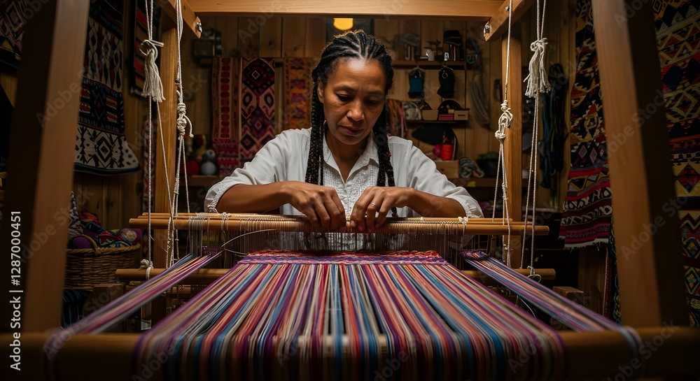African woman weaving traditional textile on wooden loom. Artisan ...