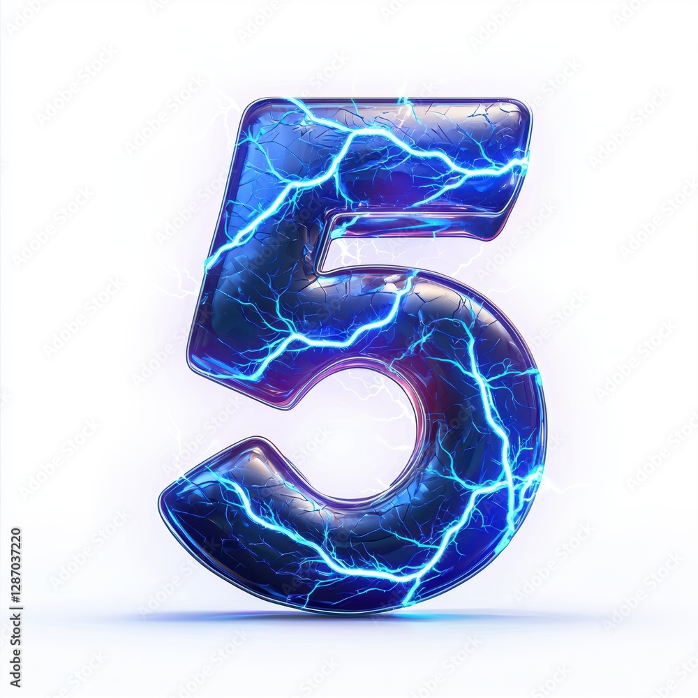 Number 5 made of electrified plasma arcs with bright blue lightning ...