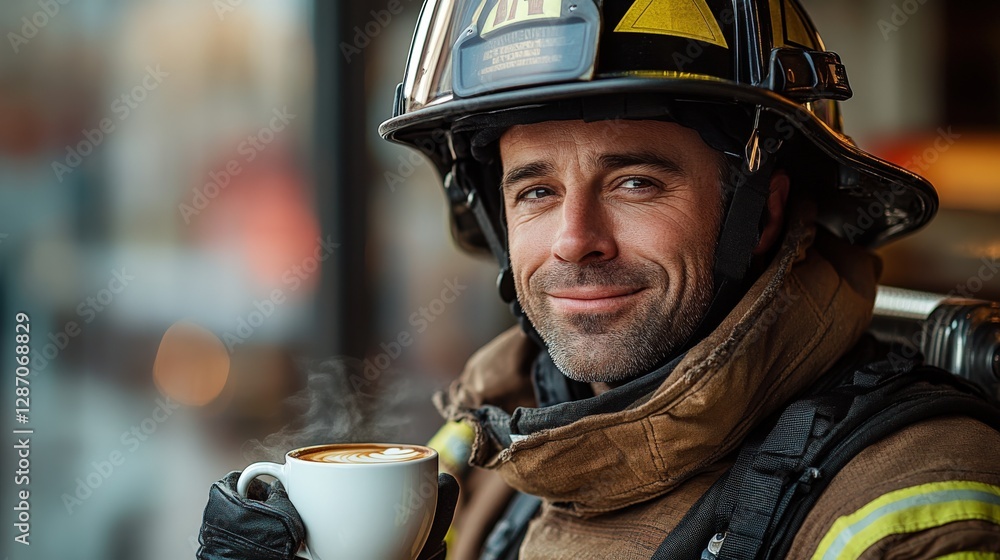 Firefighter enjoying a moment of peace with coffee in full gear during ...