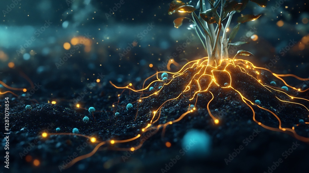 Ultra detailed infographic nitrogen fixation glowing nodule plant root ...