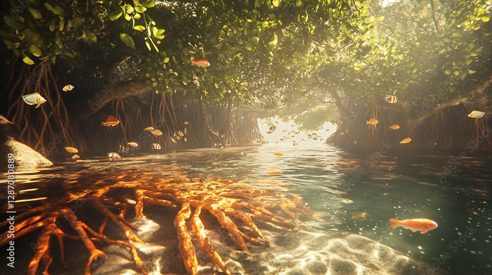 Ultra detailed rendering of mangrove ecosystem glowing roots submerged ...