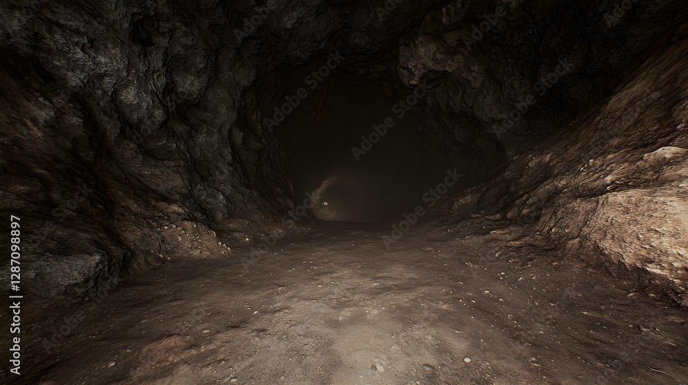 Dark mysterious cave tunnel with rough stone walls and dirt path ...