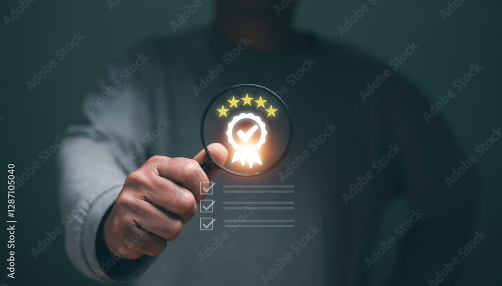 Certification and standardization quality concept, Man holding ...