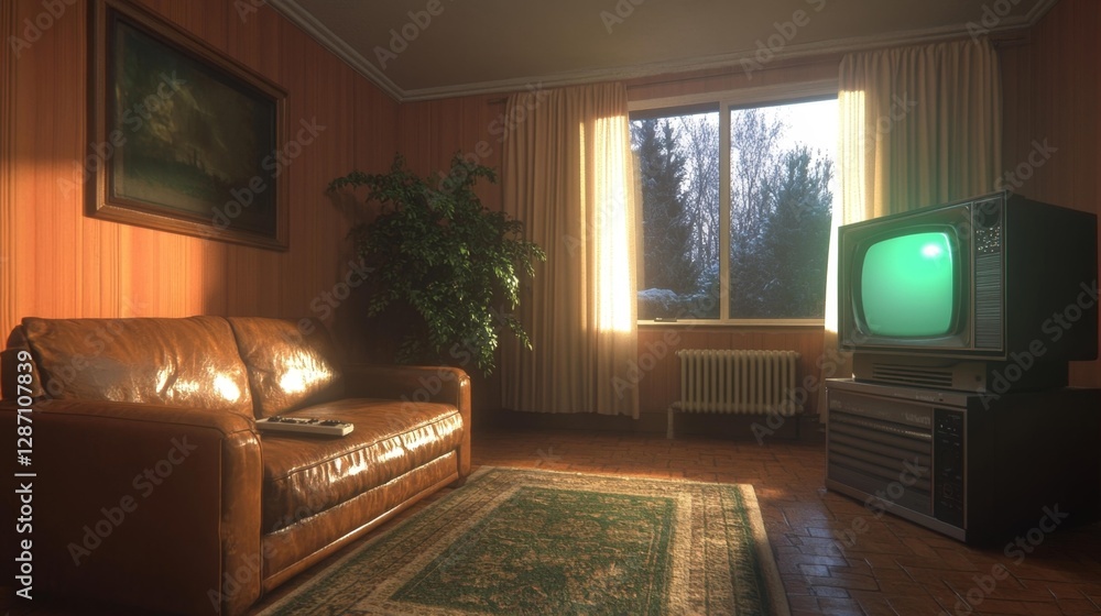 Cozy vintage living room with a worn leather couch and an old-fashioned ...