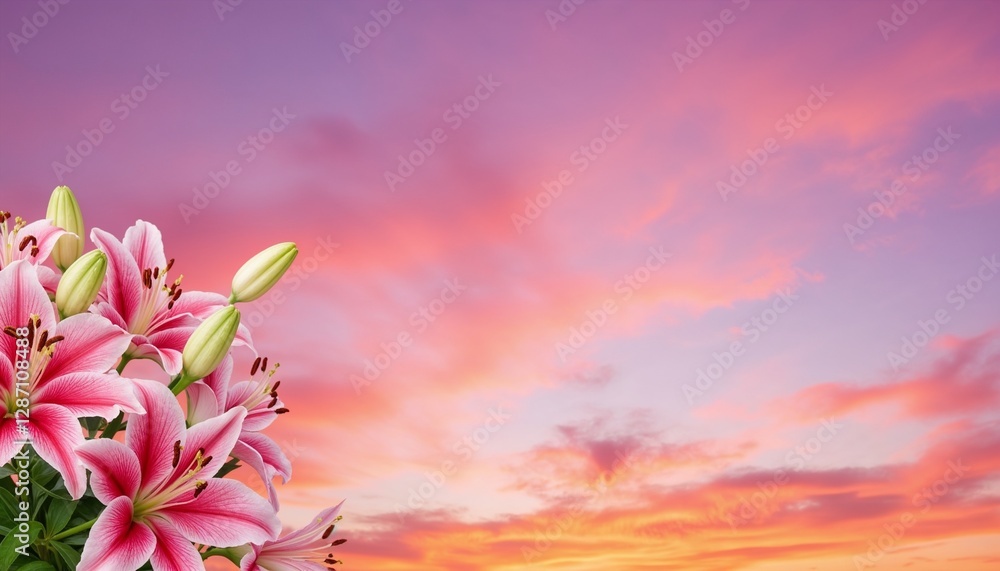 Gentle pink lilies in soft sunset sky, peaceful floral background for ...