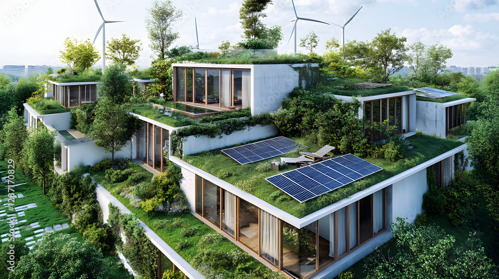 Architectural designs of green rooftops with solar panels, wind ...