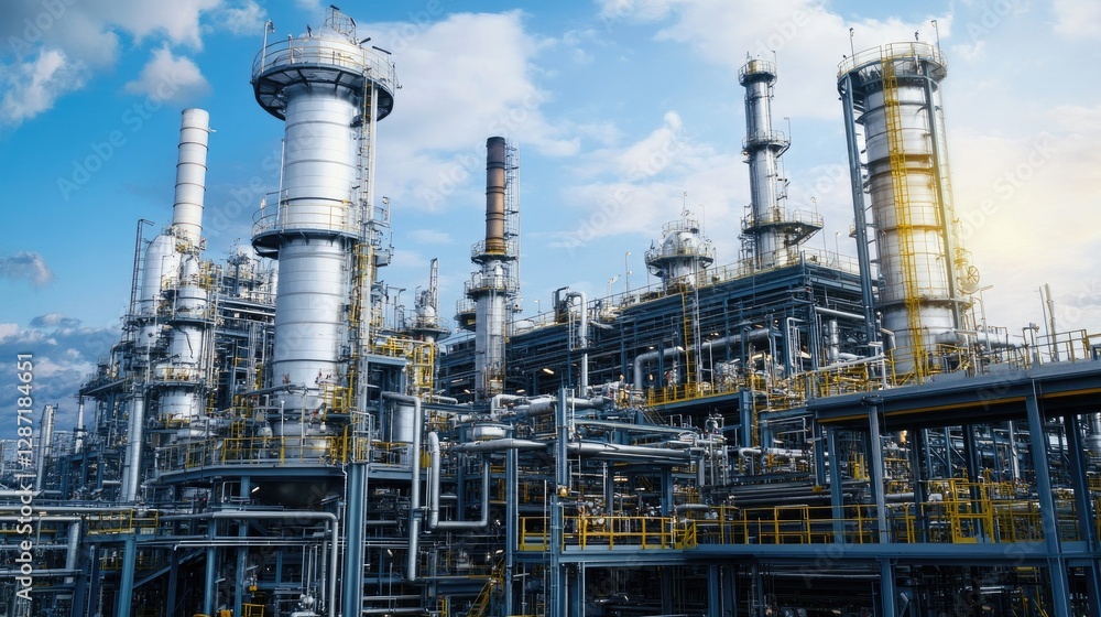 Petrochemical plant with multiple refining units, cooling towers, and ...