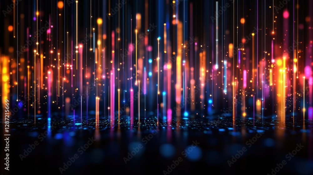 Colorful light particles falling on a futuristic circuit board create a ...