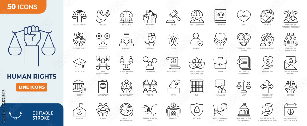 Human Right line editable icon set. Containing freedom, democracy ...