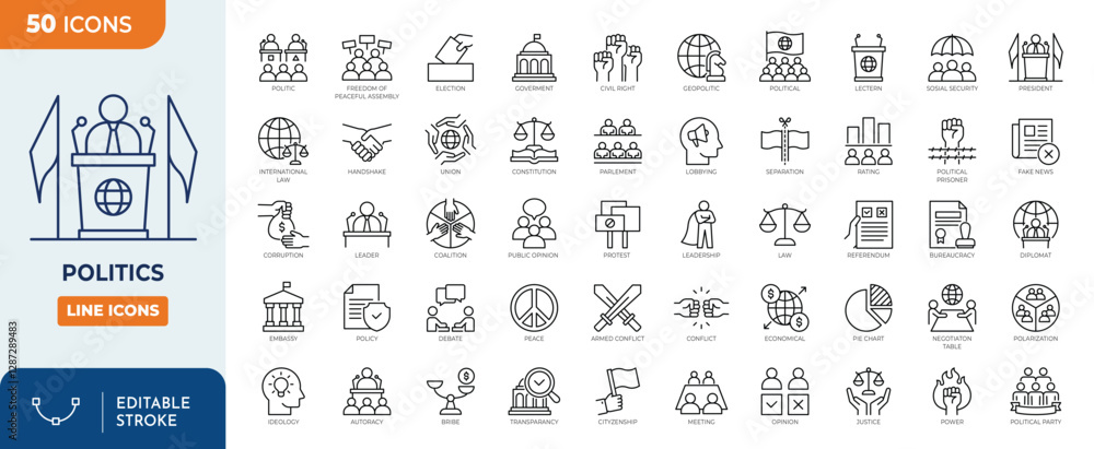 Vector de Stock Politics line editable icon set. containing Goverment ...