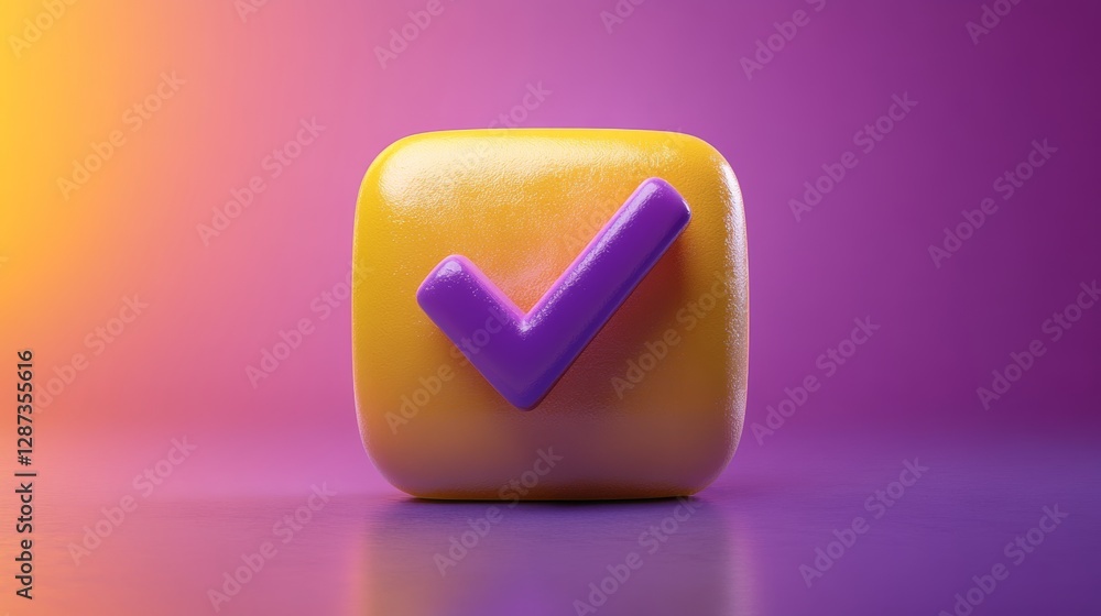 Yellow square icon with purple check mark on a gradient background ...
