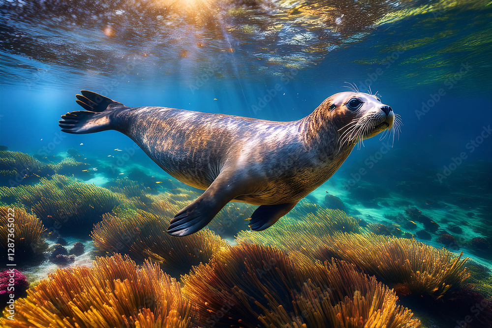 Foca nadando bajo el agua en un océano cristalino, rodeada de peces y ...